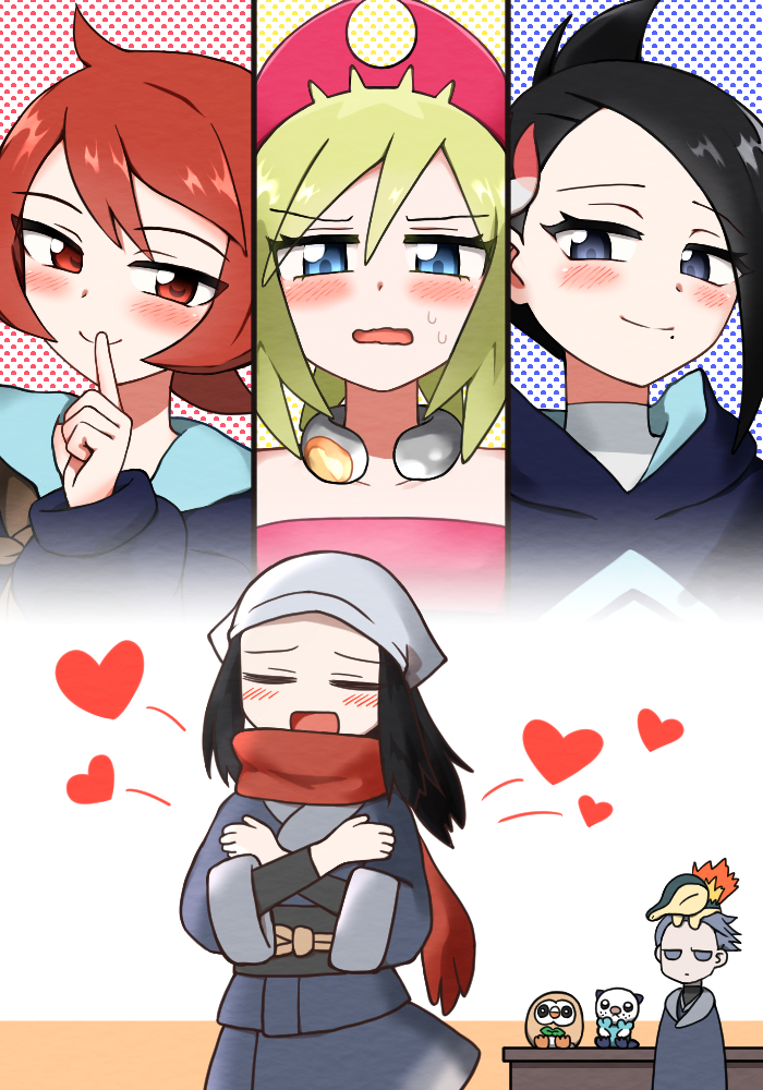 Safebooru - 1boy 4girls akari (pokemon) arezu (pokemon) bangs black hair black undershirt blonde ...