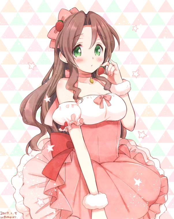 Safebooru - 1girl aerith gainsborough alternate costume blush bow breasts brown hair choker ...