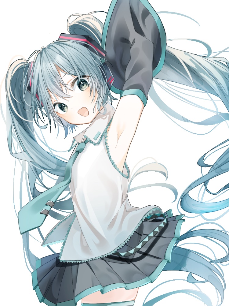 Safebooru - 1girl :d aqua eyes aqua hair aqua necktie armpits bangs black skirt collared shirt ...