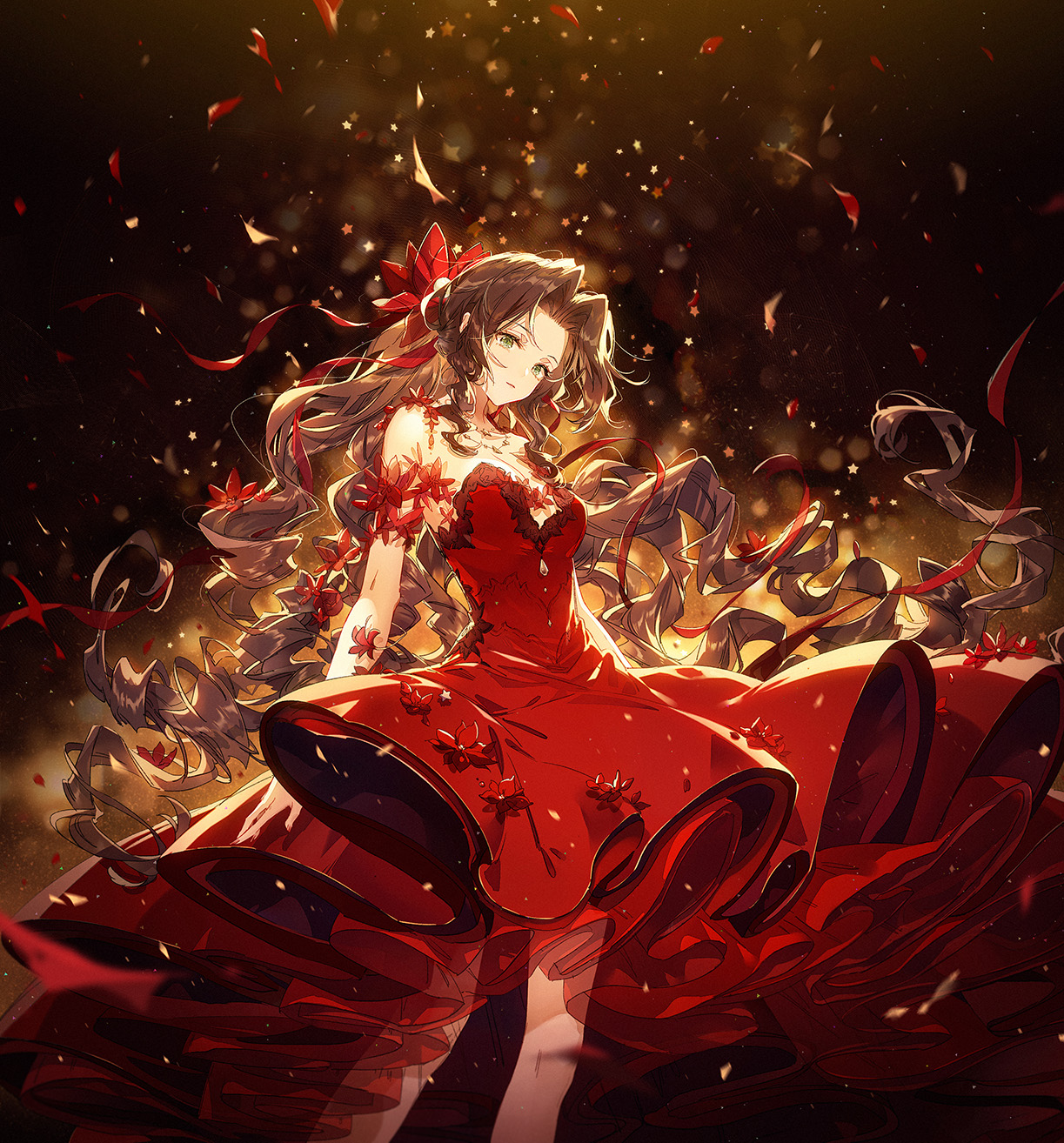 Safebooru - 1girl aerith gainsborough bare shoulders bow brown hair ...