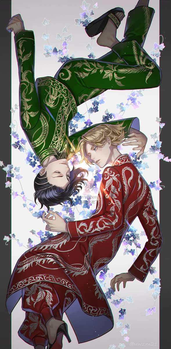 Safebooru - 2boys asymmetrical hair black eyes black footwear black ...