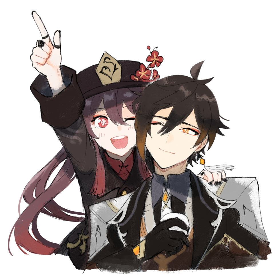 Safebooru - 1boy 1girl ;d black nails blush brown hair earrings flower genshin impact gloves ...