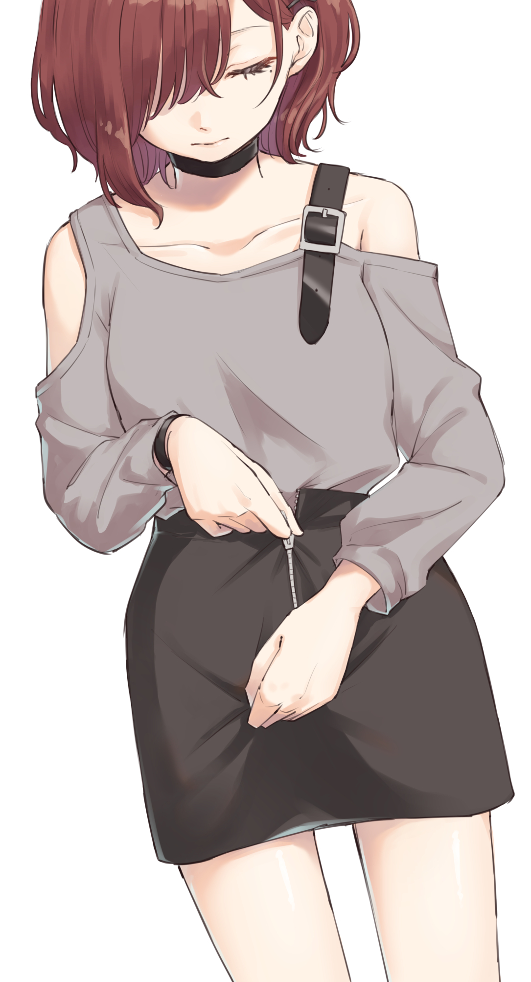 Safebooru - 1girl bangs bare shoulders belt black belt black choker black skirt black wristband ...