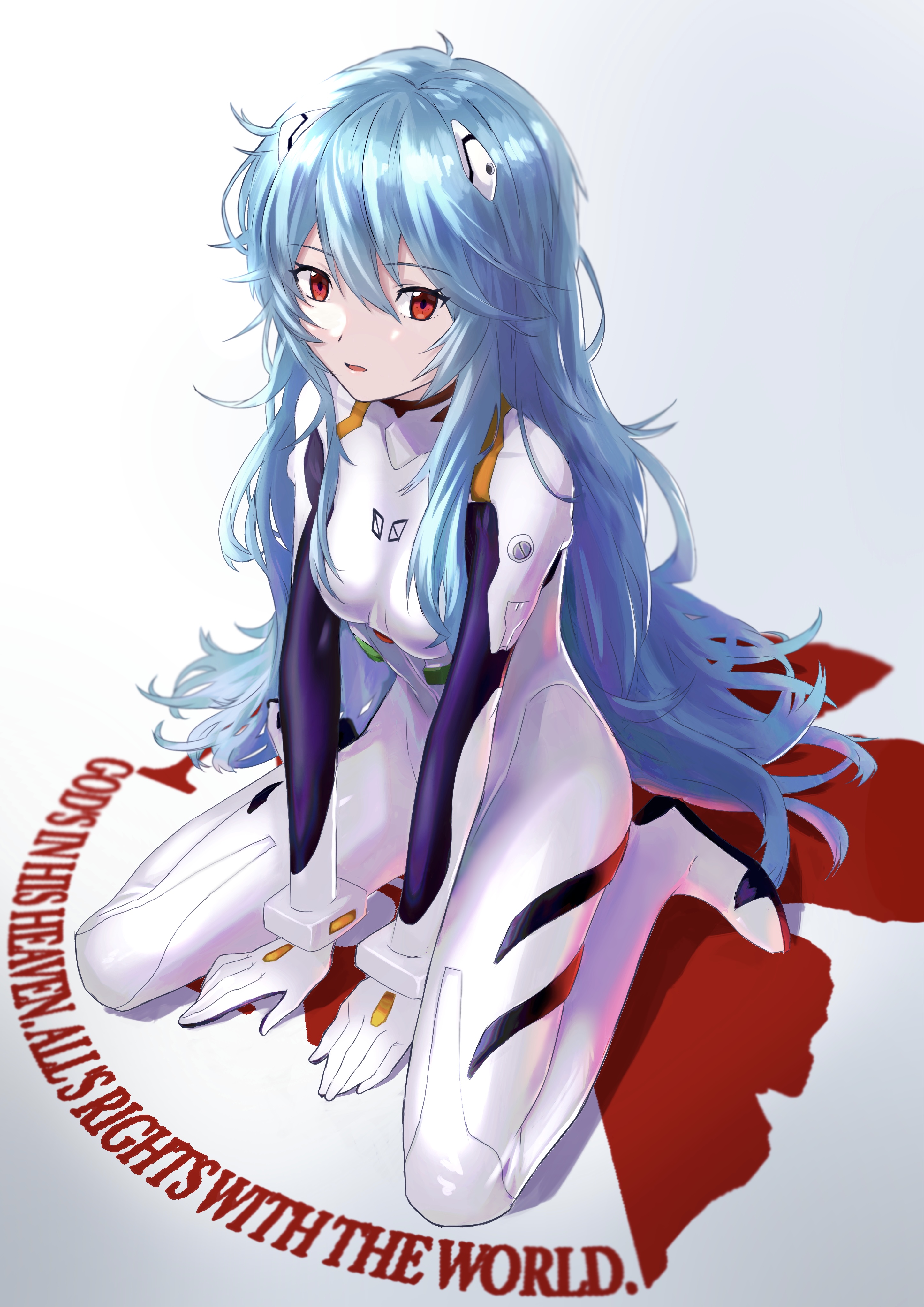 Safebooru - 1girl @acchom zatta absurdres ayanami rei bangs between legs blue hair bodysuit ...