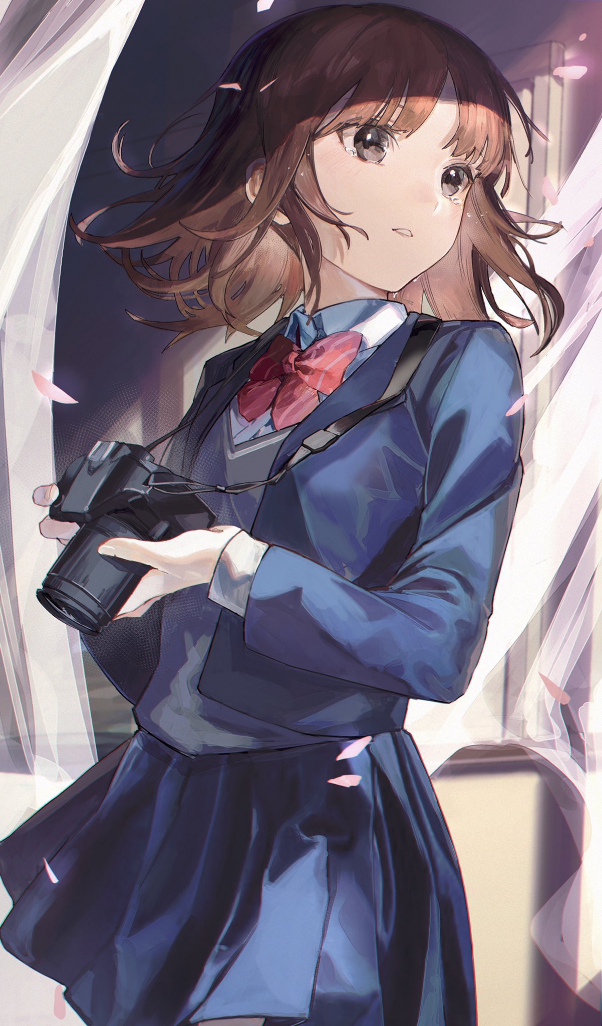 Safebooru - 1girl bangs blazer blue jacket blue skirt bow bowtie brown eyes brown hair camera ...