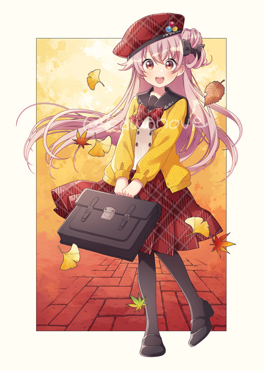 Safebooru - 1girl :d artist name autumn autumn leaves bag black bow black footwear black legwear ...