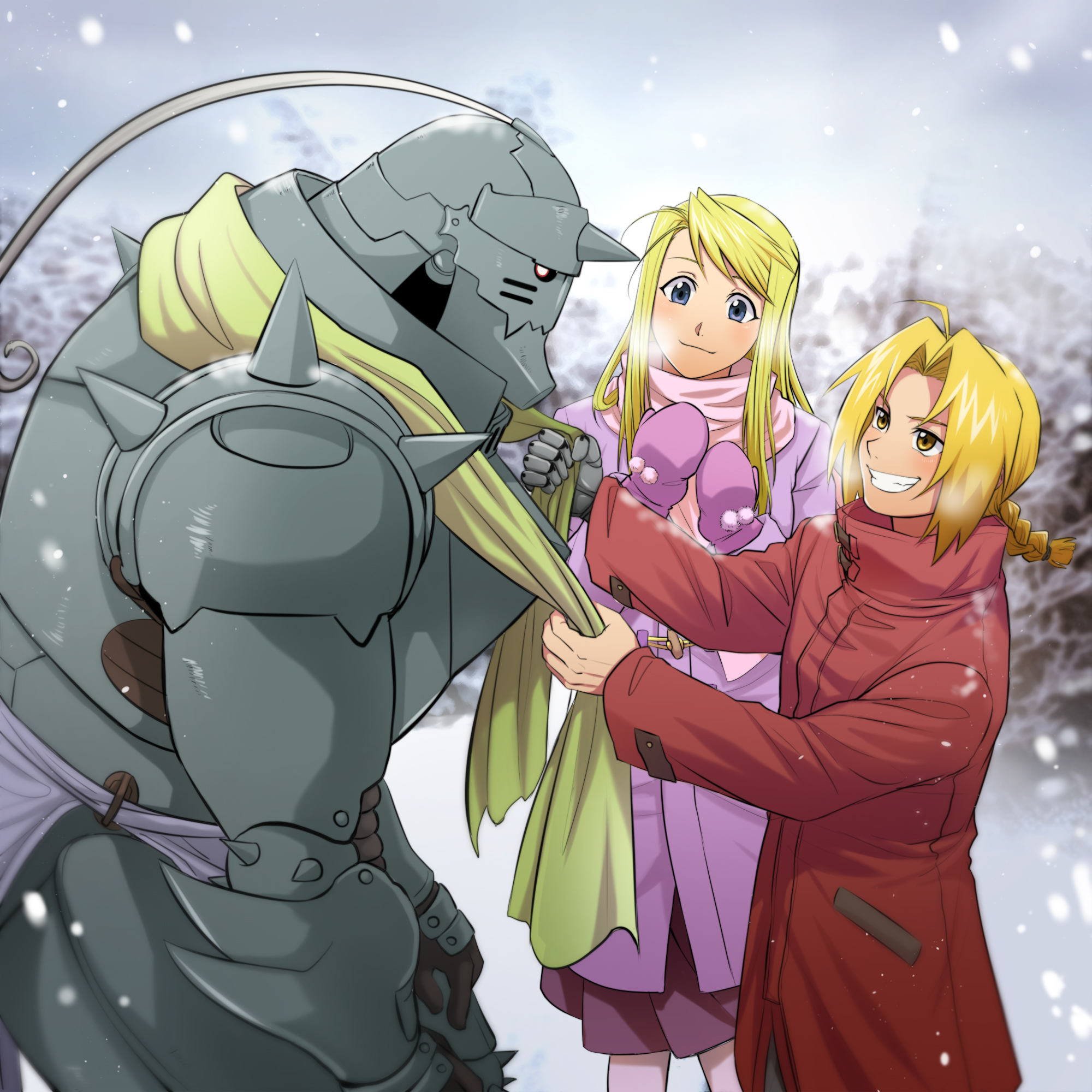 Safebooru - 1girl 2boys ahoge alphonse elric armor blonde hair blue eyes braid braided ponytail ...