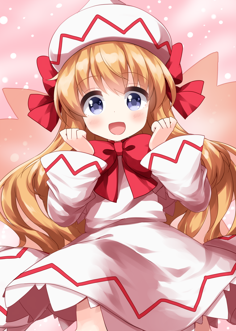 Safebooru - 1girl blonde hair blue eyes blush capelet cowboy shot dress eyebrows visible through ...