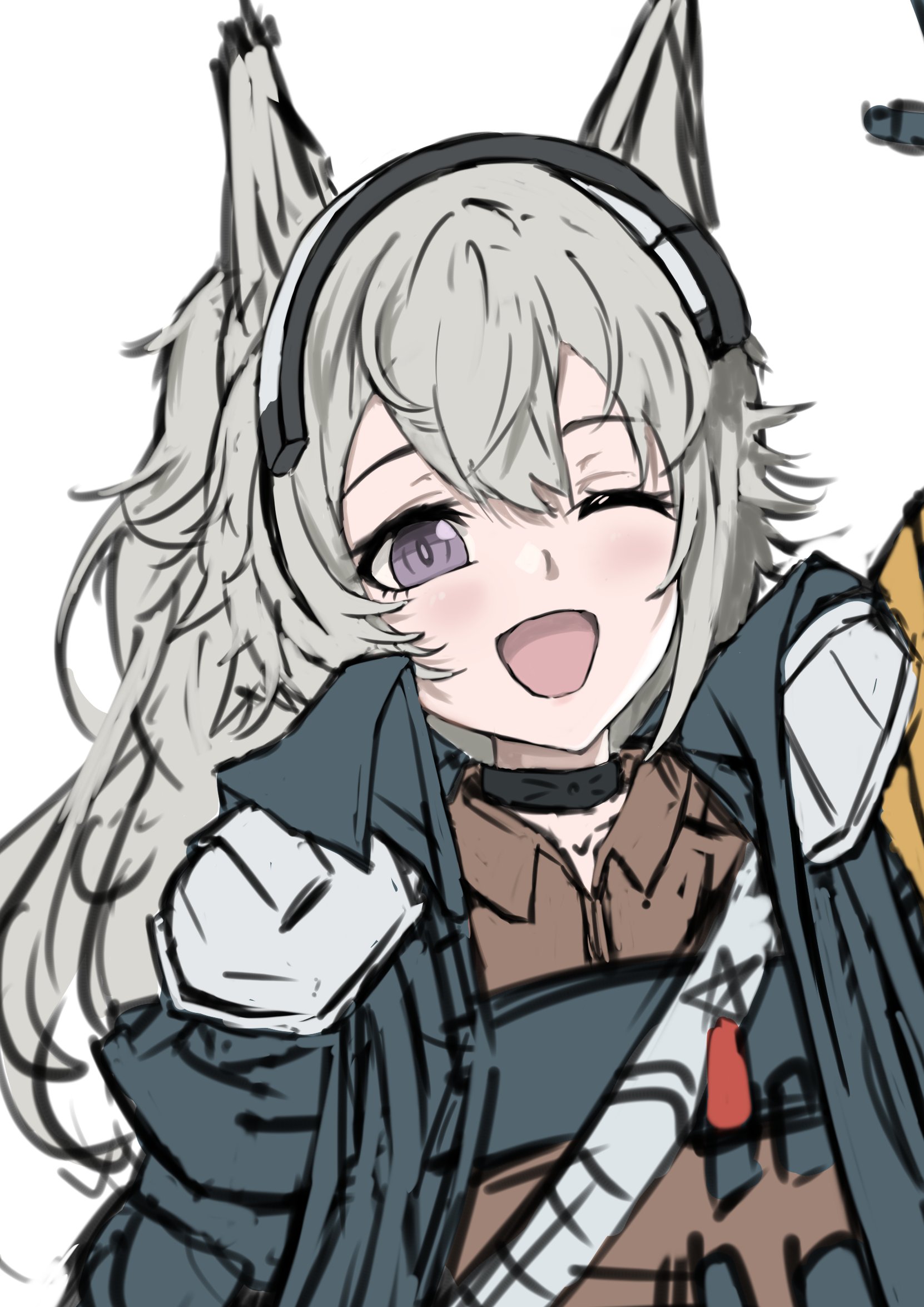 Safebooru - 1girl ;d animal ears arknights blue jacket brown shirt grani (arknights) grey hair ...