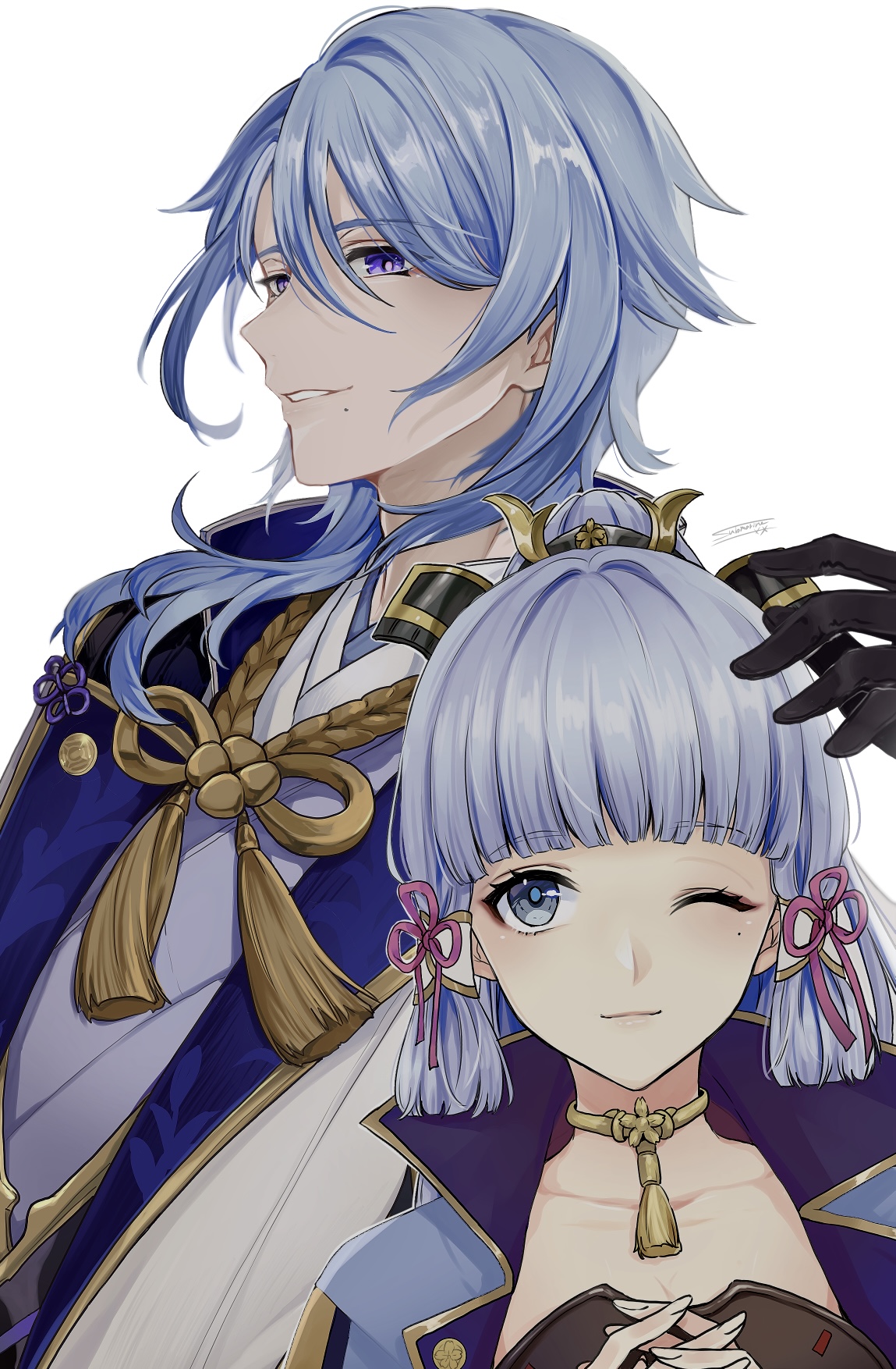 Safebooru - 1boy 1girl armor artist name bangs black gloves blue eyes blunt bangs collarbone ...