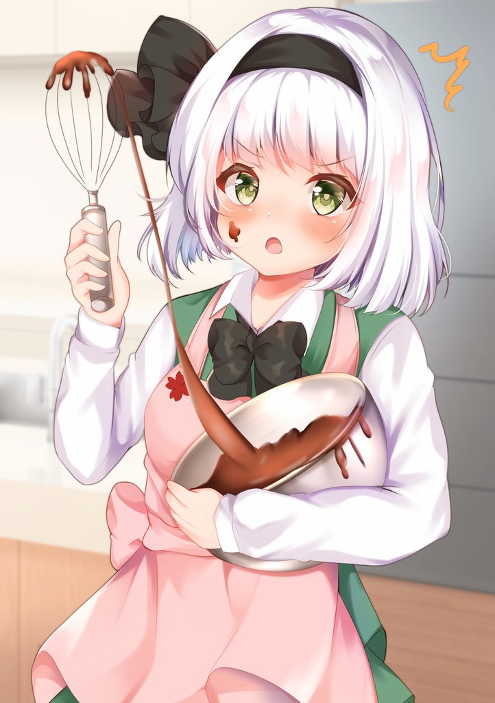 Safebooru - 1girl apron arm up bangs black bow black bowtie black hairband blunt bangs blurry ...