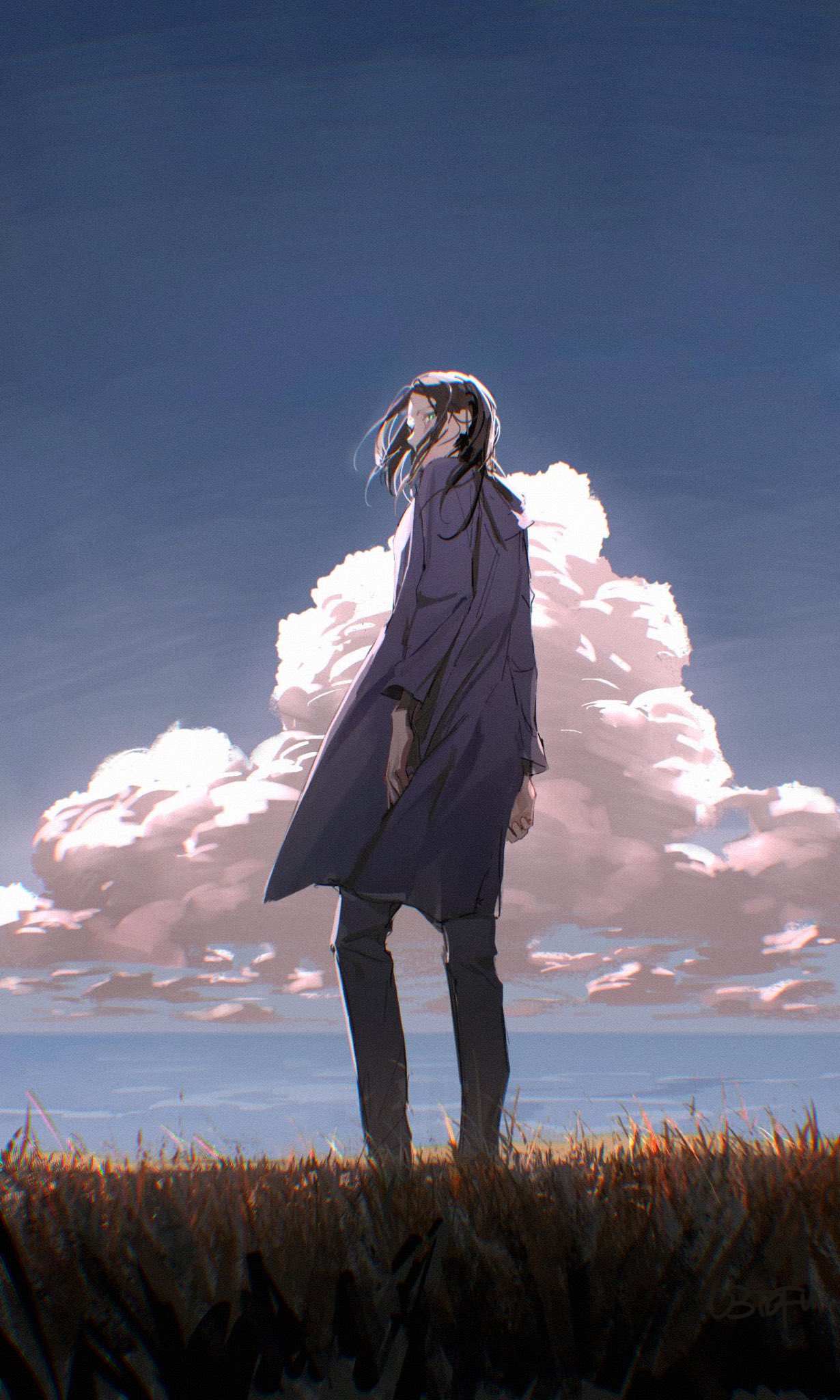 Safebooru - 1boy clouds coat eren yeager from below grass green eyes ...