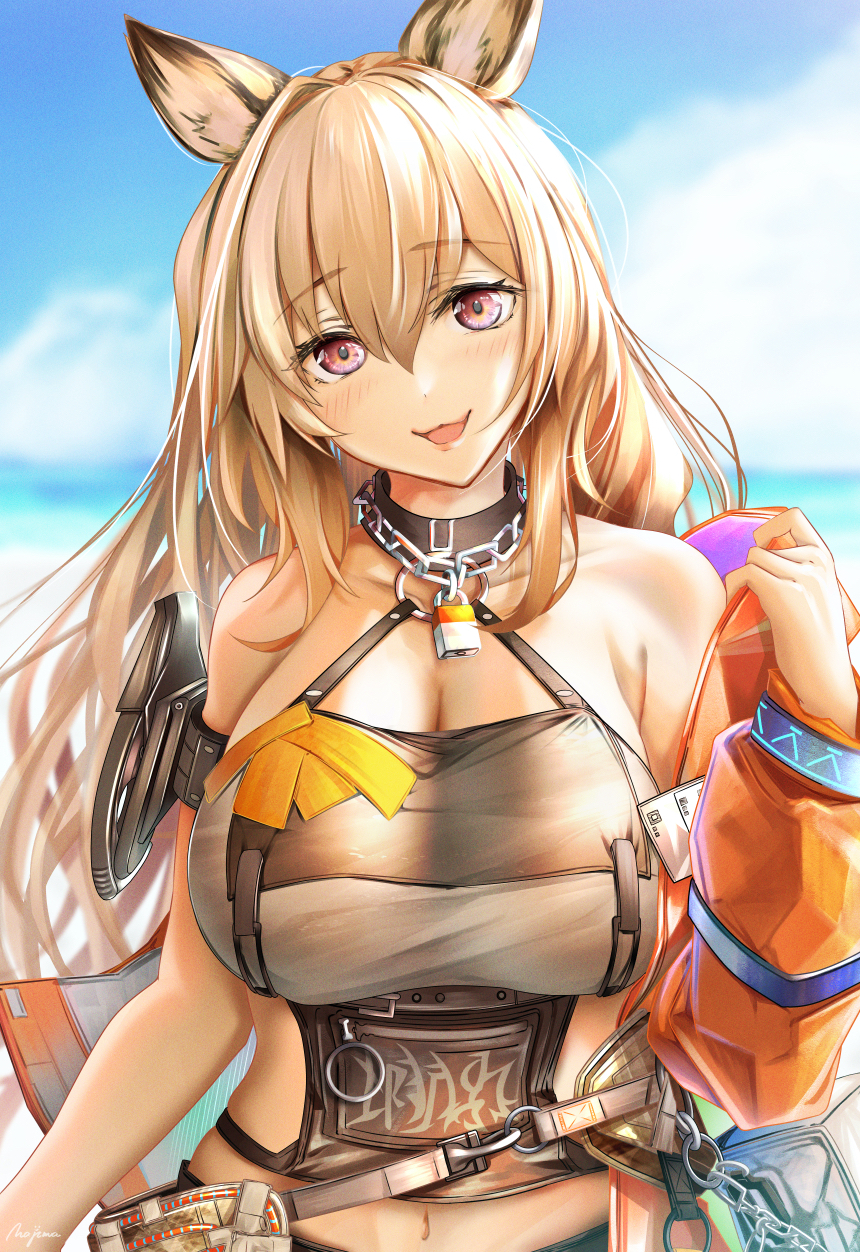 Safebooru - 1girl animal ears arknights bag bare shoulders blurry blurry background breasts ...