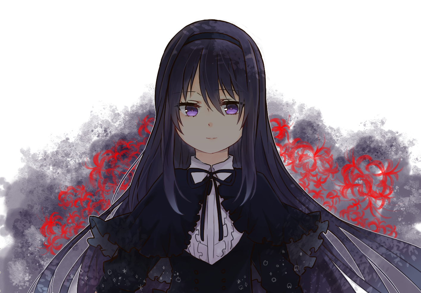 Safebooru - 1girl akemi homura black capelet black hair black hairband black ribbon capelet ...