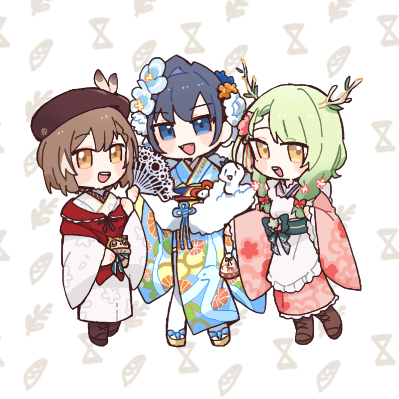 Safebooru - 3girls :d antlers apron basket beret bird blue eyes blue ...
