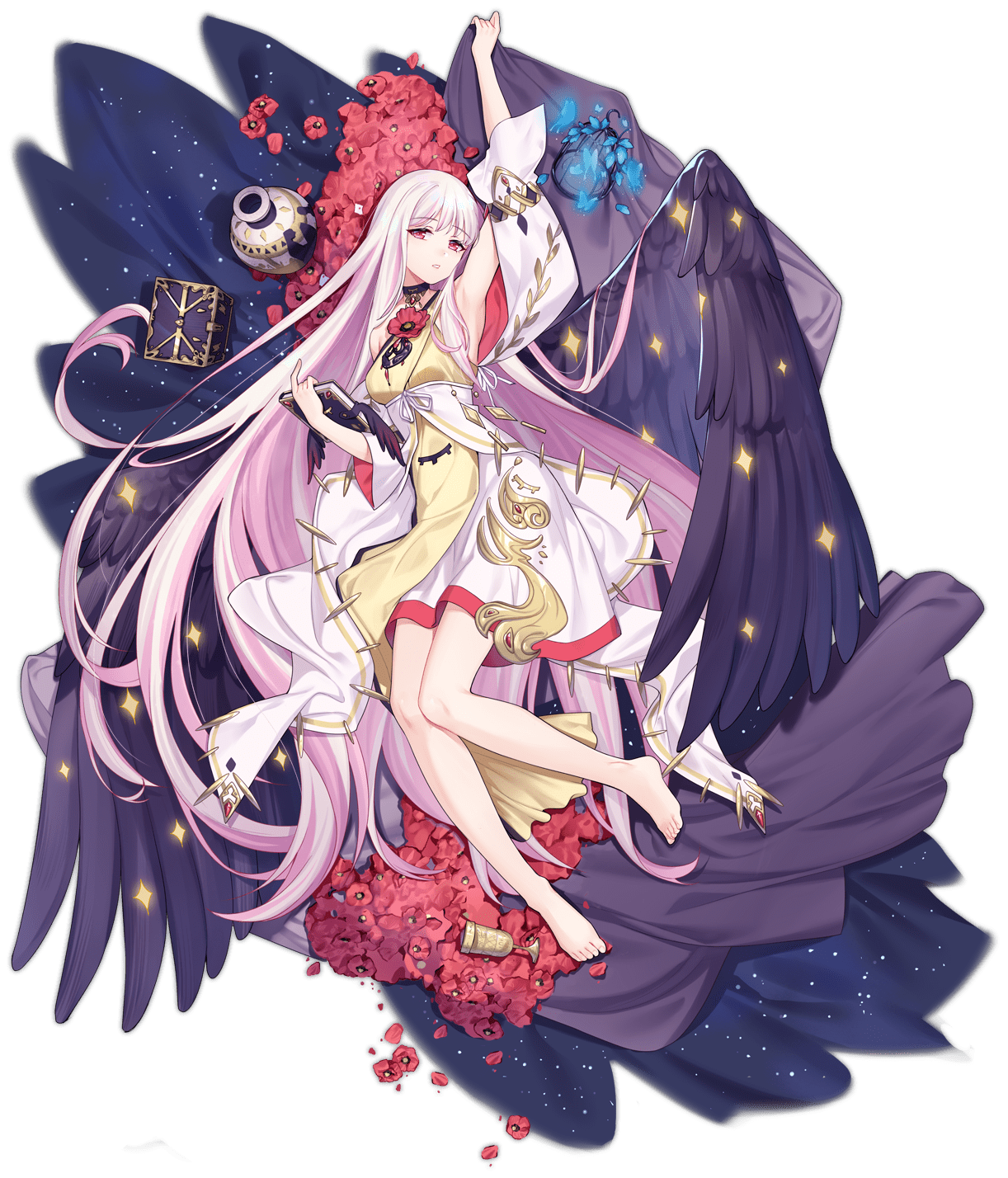 Safebooru - 1girl absurdly long hair ark order armpits bangs barefoot bed sheet black wings blue ...