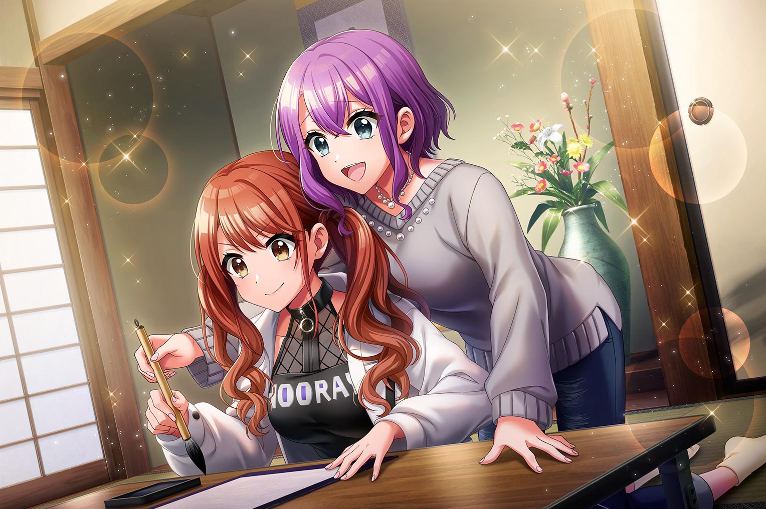 Safebooru - blue eyes blush d4dj dress hidaka saori purple hair seto rika short hair smile | 3863008