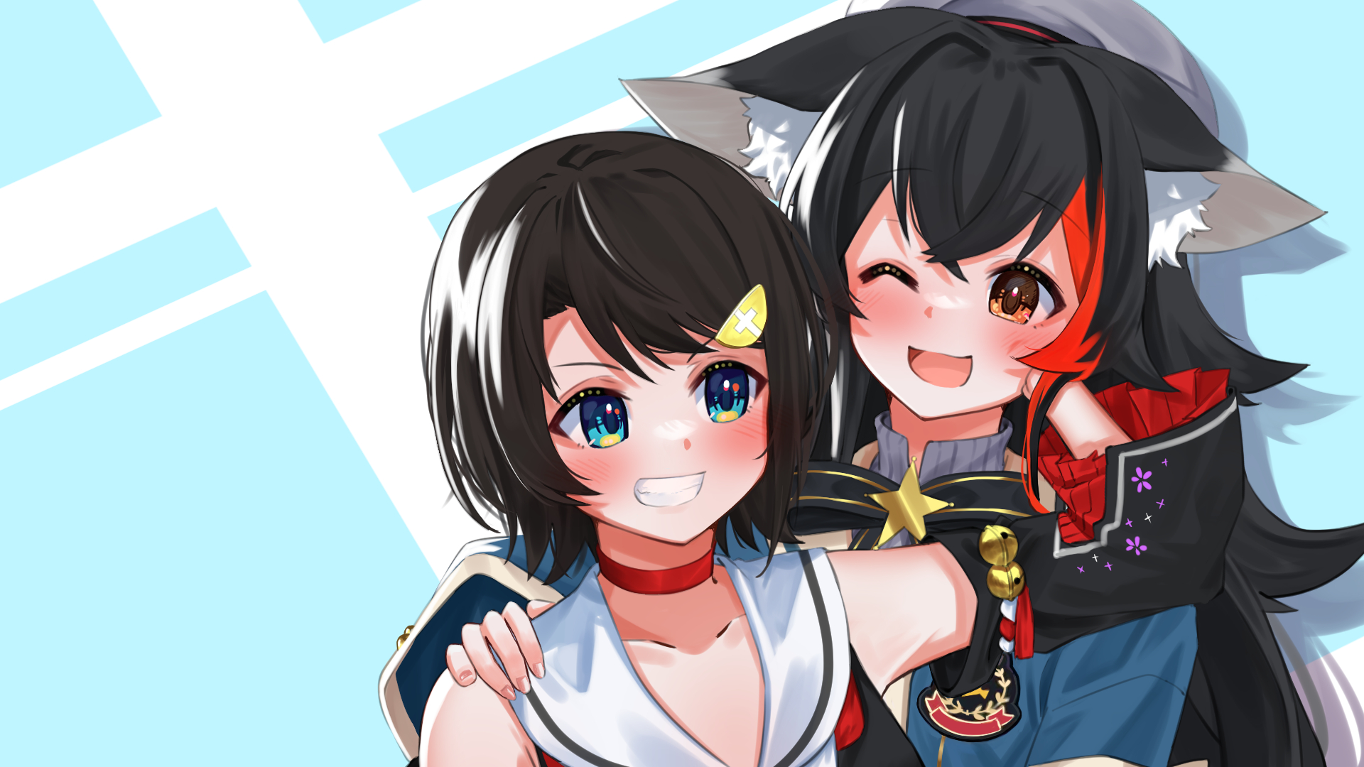 Safebooru - 2girls ;d animal ear fluff animal ears bangs bell black hair blue eyes blue shirt ...