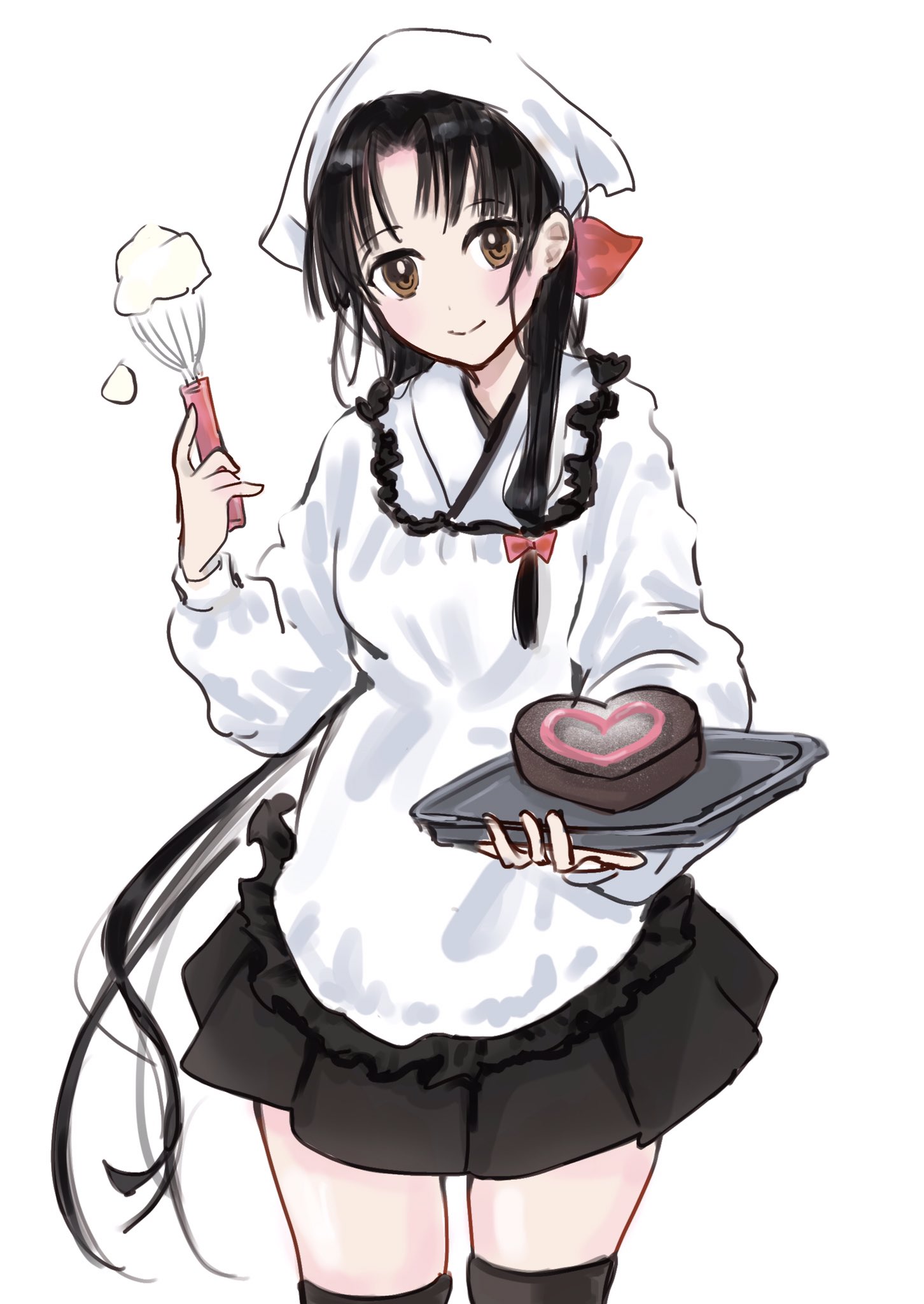 Safebooru - 1girl ahoge apron black hair black hakama black legwear black skirt brown eyes ...