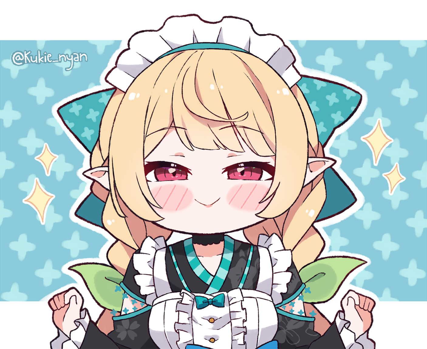 Safebooru - 1girl apron black kimono blonde hair blush stickers braid ...