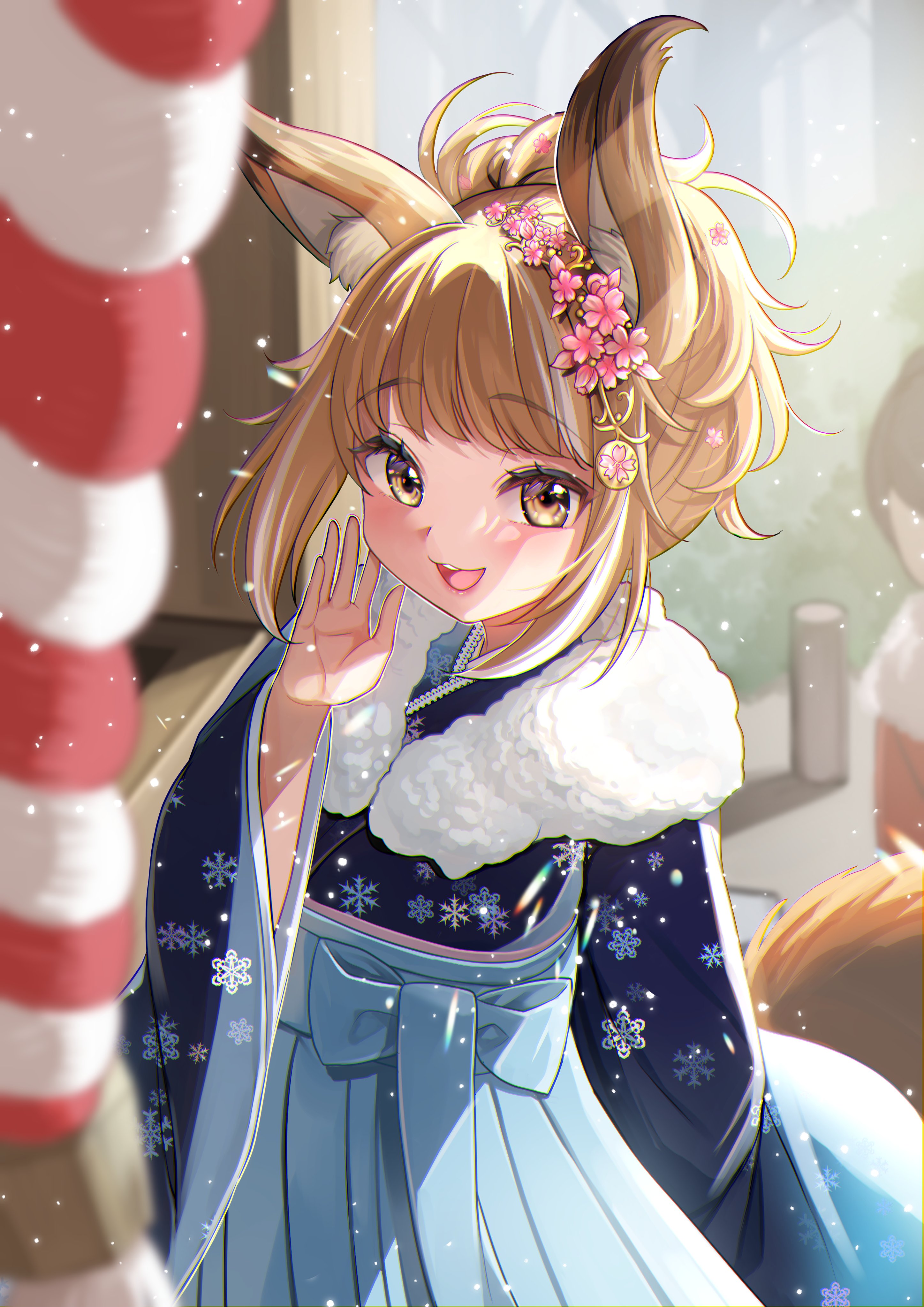 Safebooru - 1girl :3 :d absurdres animal ear fluff animal ears bangs blue kimono blurry blurry ...