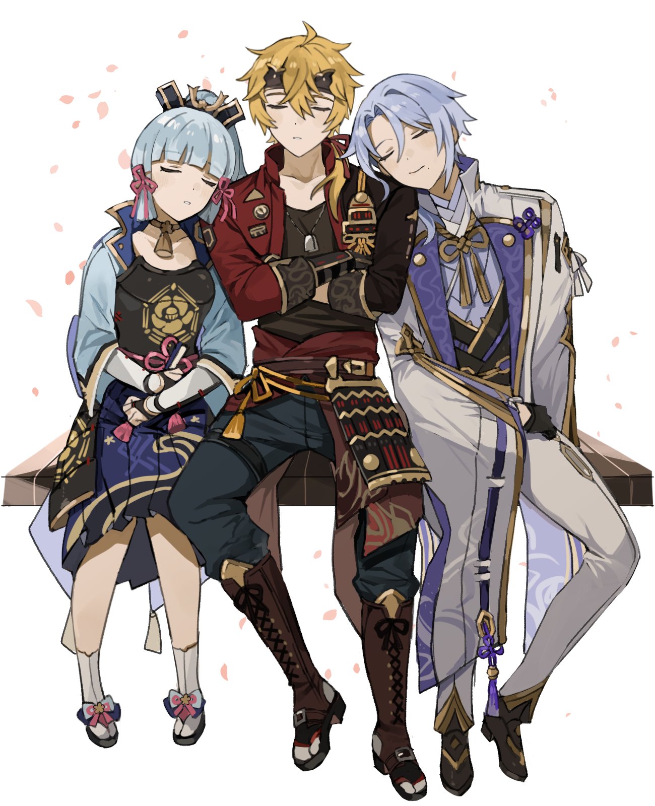 Safebooru - 1girl 2boys arm guards armor armored dress bangs black gloves blunt bangs boots ...