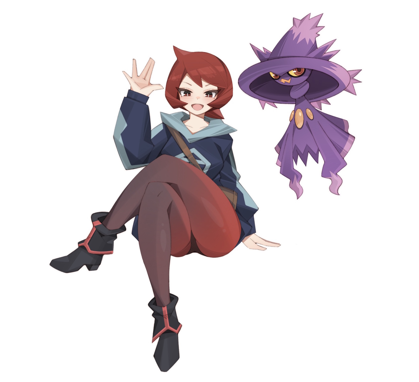 Safebooru - 1girl :d arezu (pokemon) arm support bangs black footwear blush boots bright pupils ...