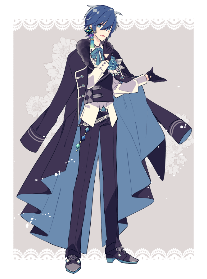 Safebooru - 1boy beige background belt black coat black footwear black fur black gloves black ...