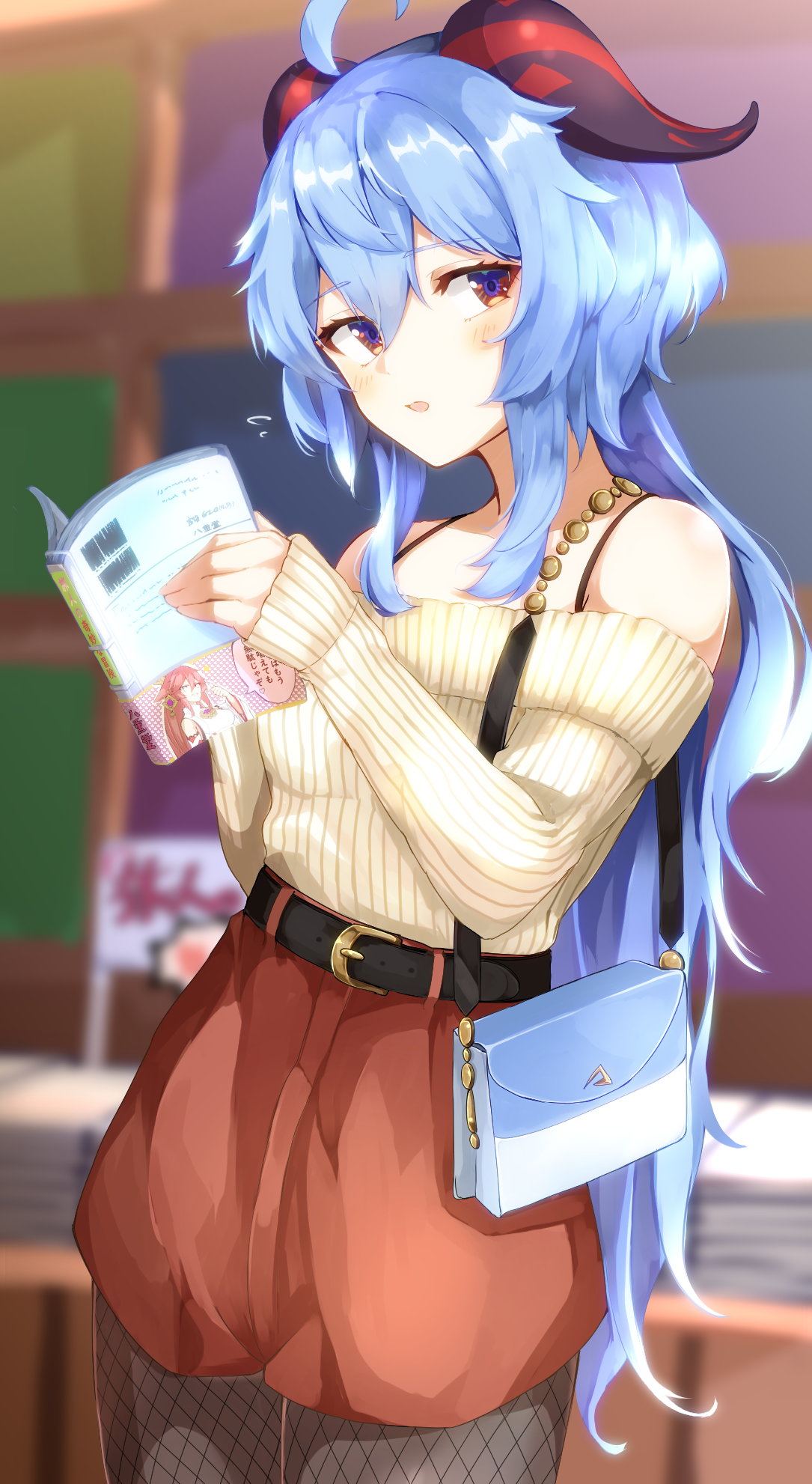 Safebooru - 1girl ahoge bag bangs bare shoulders black legwear blue eyes blue hair blurry blurry ...
