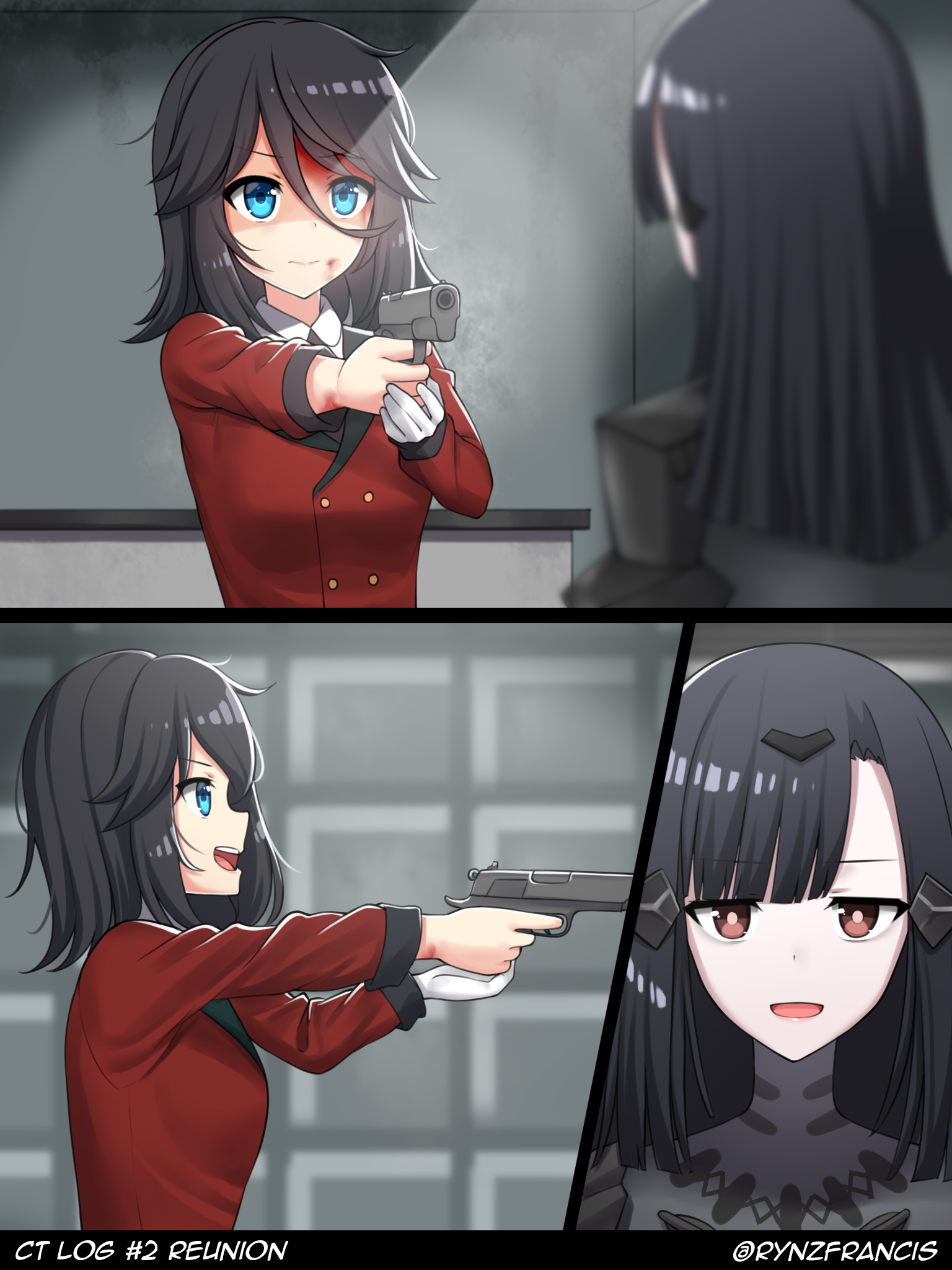 Safebooru - 2girls black hair blood blood from mouth blue eyes brown eyes bruise bruise on face ...