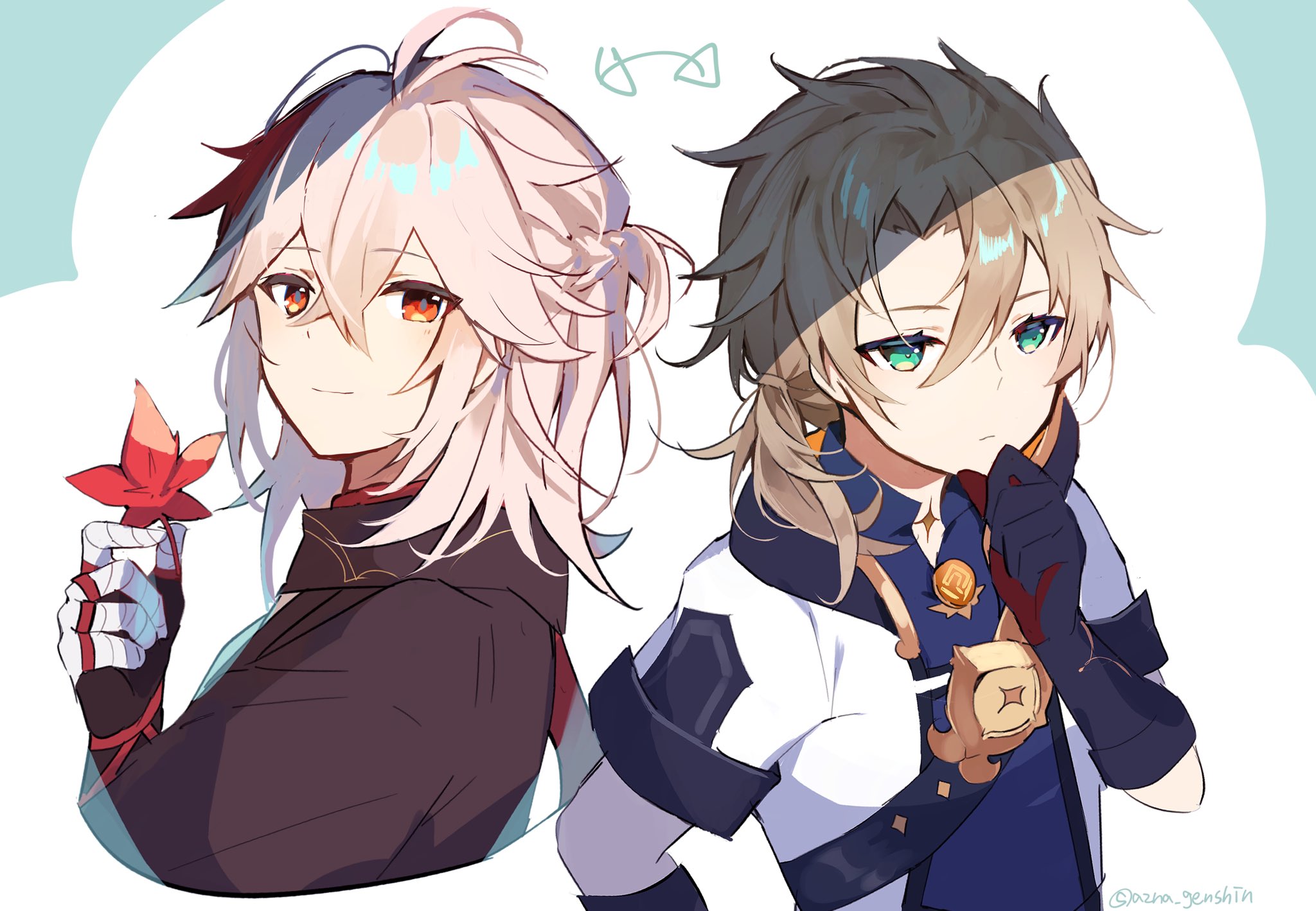 Safebooru - 2boys albedo (genshin impact) alternate hairstyle antenna hair arrow (symbol) azna ...