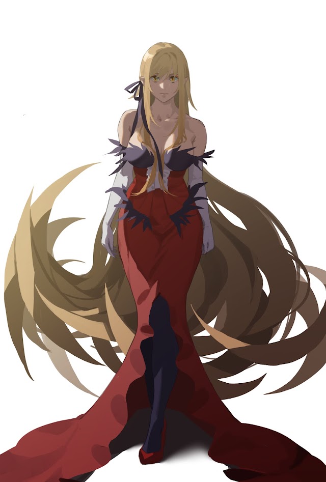 Safebooru - 1girl bakemonogatari bangs bare shoulders black legwear blonde hair breasts dress ...