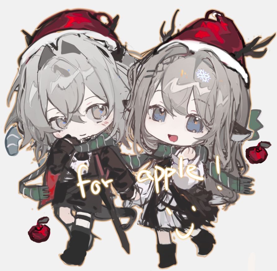 Safebooru - 2girls :d alina (arknights) animal ears antlers through headwear apple arknights ...