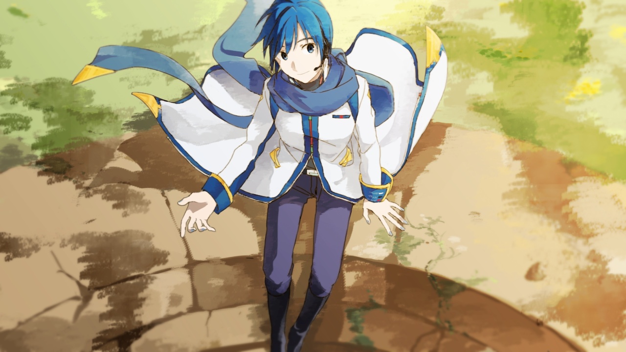 Safebooru - 1boy blue eyes blue hair blue pants blue scarf boots coat commentary from above ...