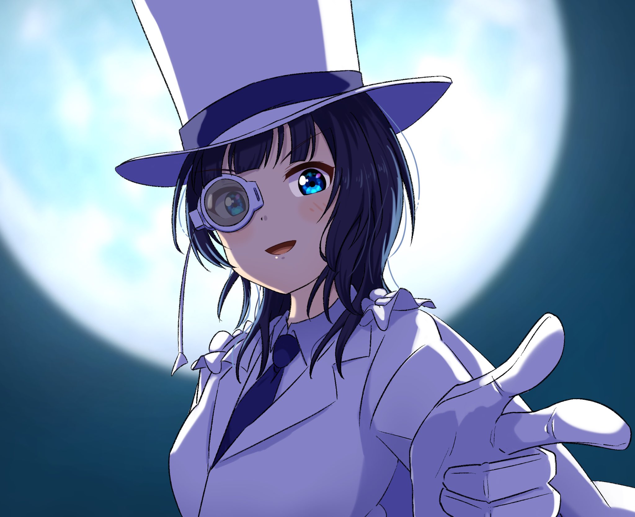 Safebooru - 1girl :d asaka karin backlighting black hair blue eyes blue necktie commentary ...