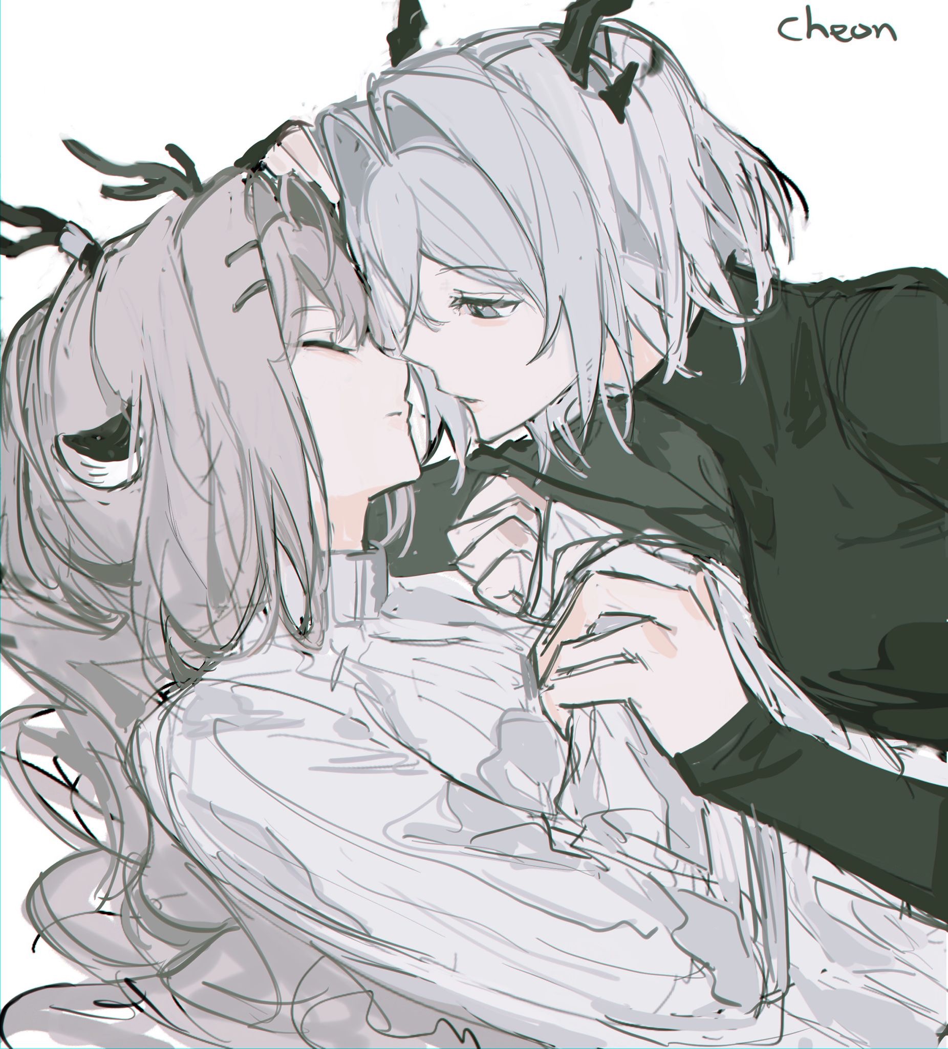 Safebooru - 2girls alina (arknights) animal ears arknights arm grab black sweater closed eyes ...