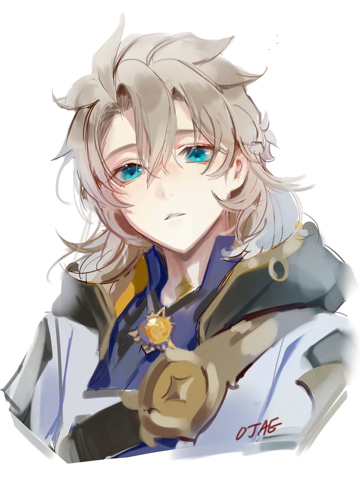 Safebooru - 0jae 1boy albedo (genshin impact) aqua eyes bangs blue shirt coat cropped torso ...