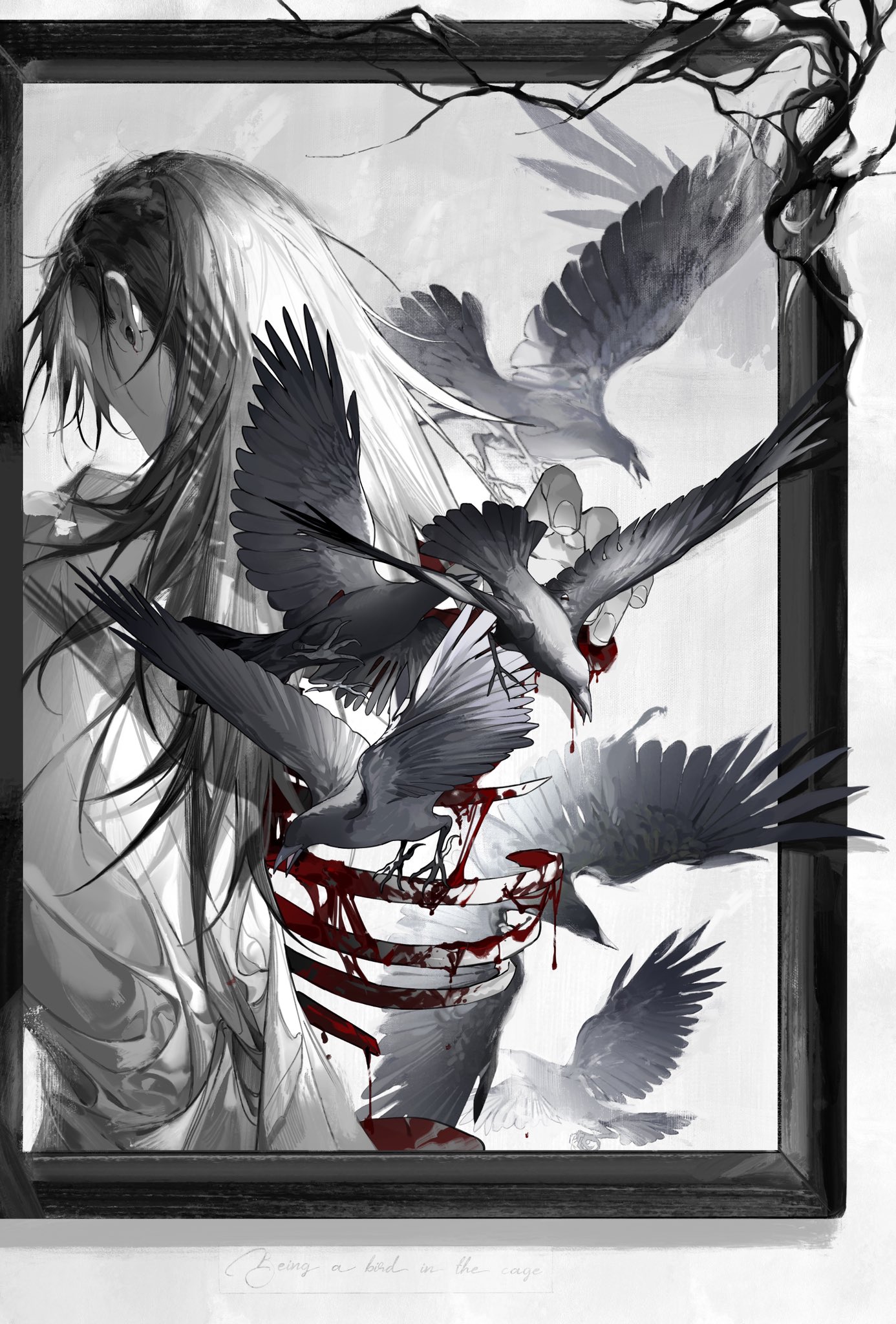 Safebooru - 1boy animal bangs bird black hair blood bone branch burning ...