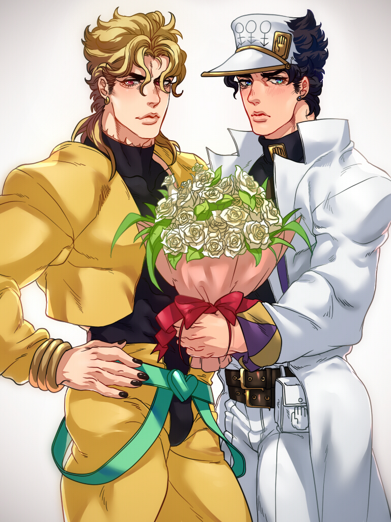 Safebooru - 2boys black nails blonde hair blue eyes blush bouquet coat diamond wa kudakenai dio ...