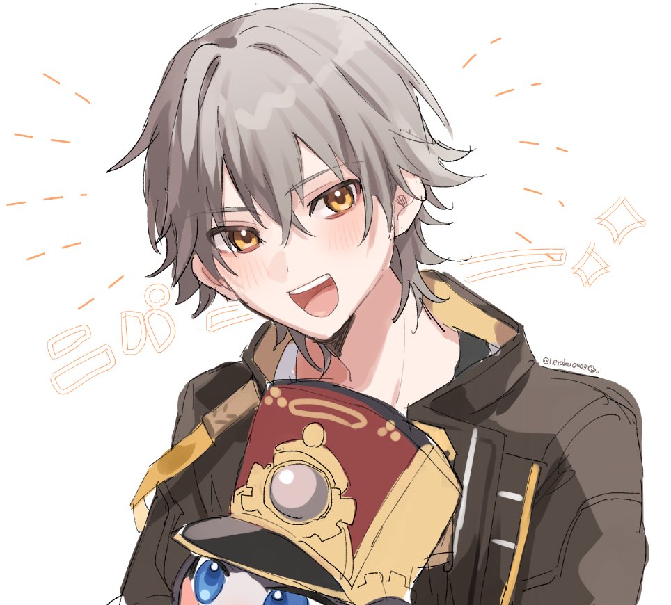 Safebooru - 1boy 1other animal ears artist name black jacket blue eyes blush caelus (honkai ...