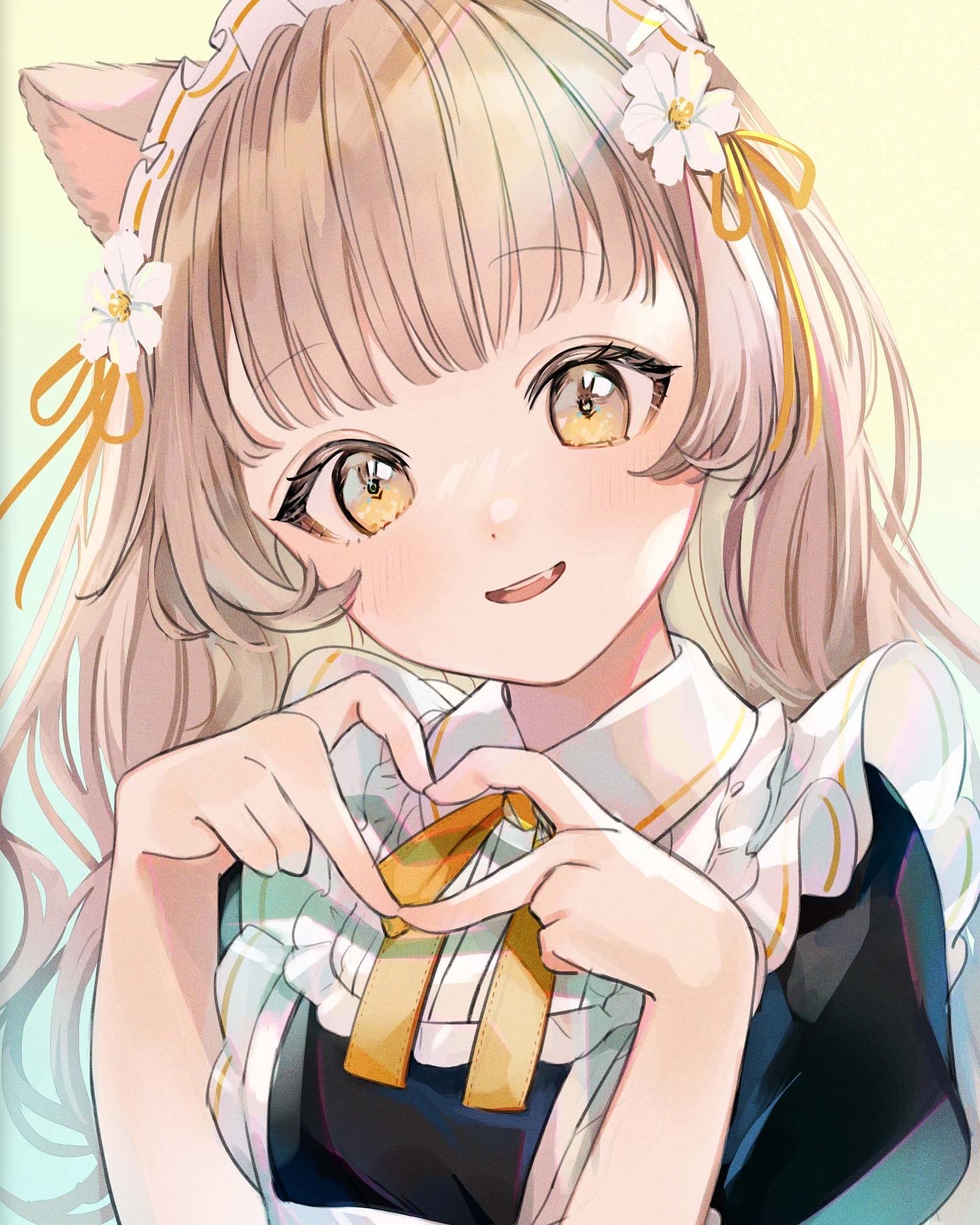 Safebooru - 1girl animal ears apron bangs black dress blue background brown eyes cat ears ...