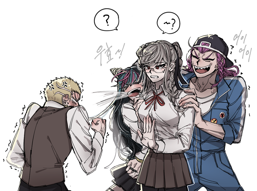 Safebooru - 2boys 2girls ? anger vein angry backwards hat baseball cap black hair black pants ...