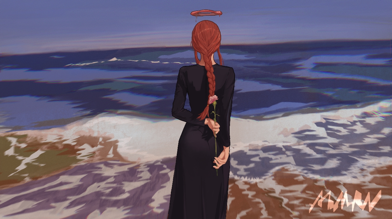 Safebooru - 1girl beach black dress braid braided ponytail chainsaw man dress from behind halo ...