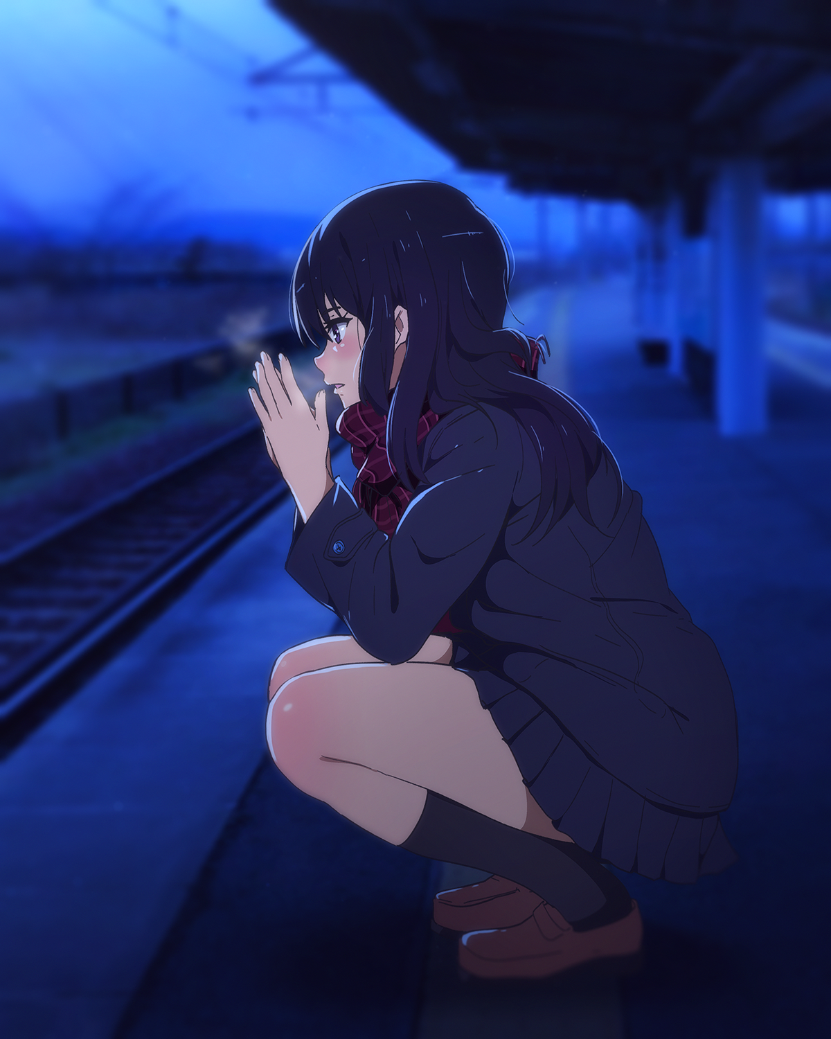 Safebooru - 1girl black hair black jacket black skirt blurry blurry background blush breath ...