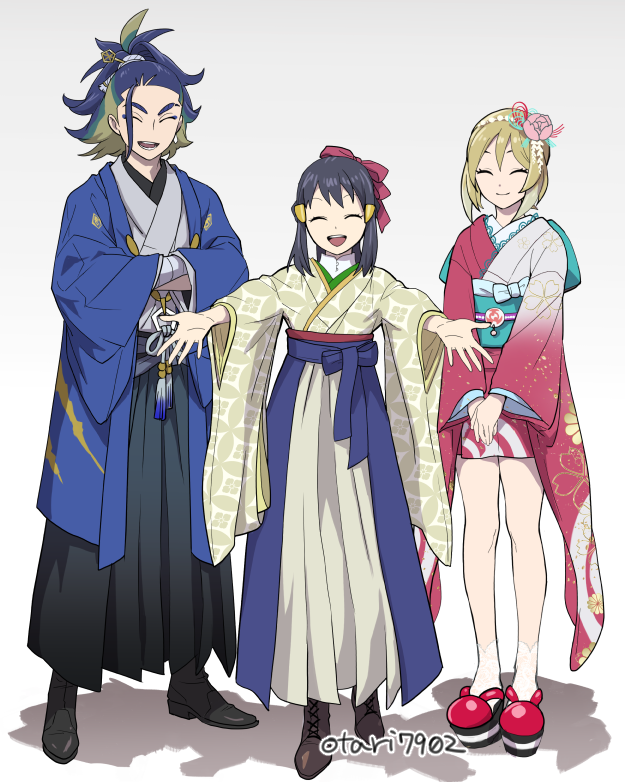 Safebooru - 1boy 2girls :d adaman (pokemon) akari (pokemon) alternate costume arm wrap bangs ...