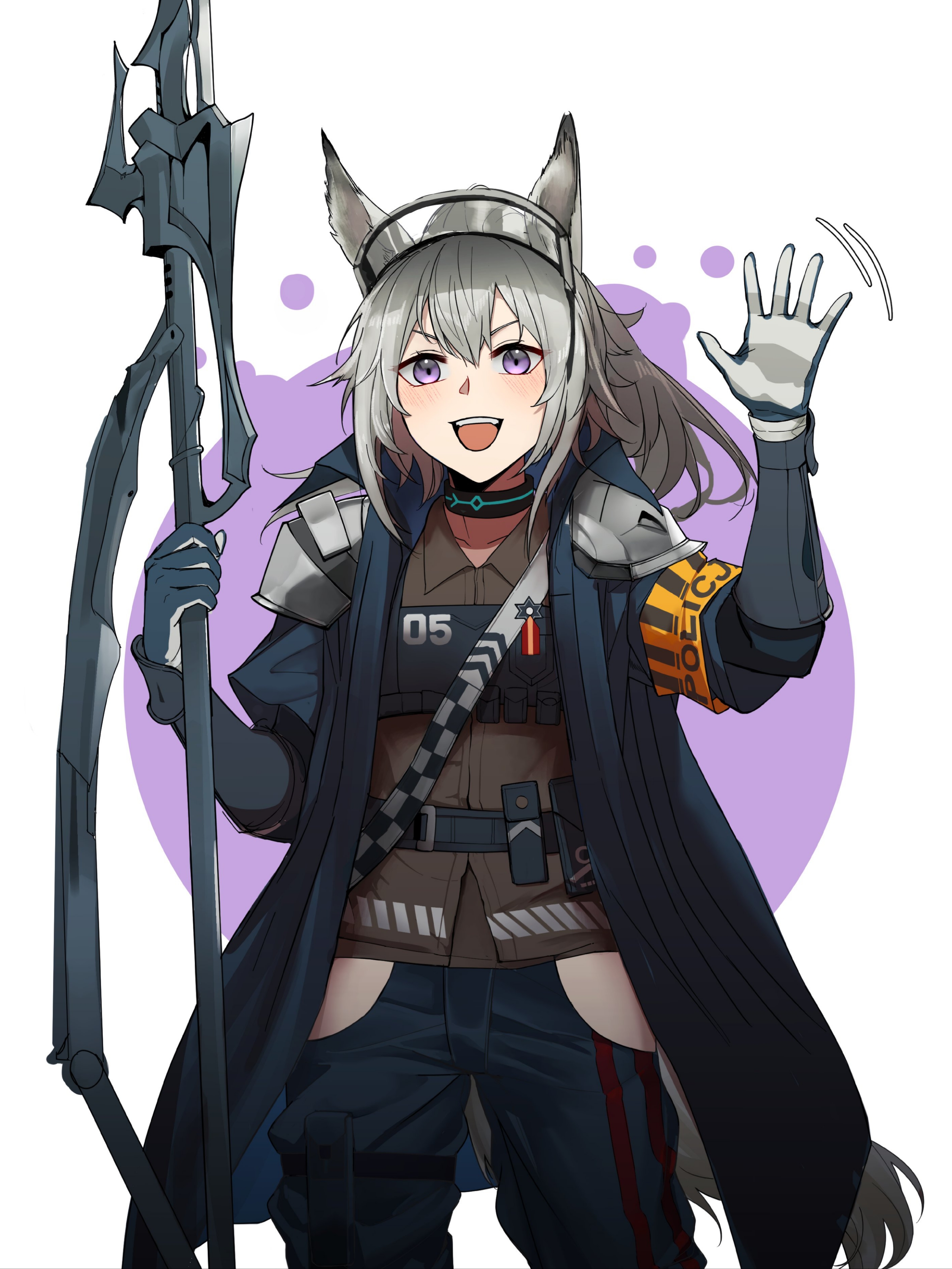 Safebooru - 1girl :d absurdres animal ears arknights armband black collar blue coat blue gloves ...