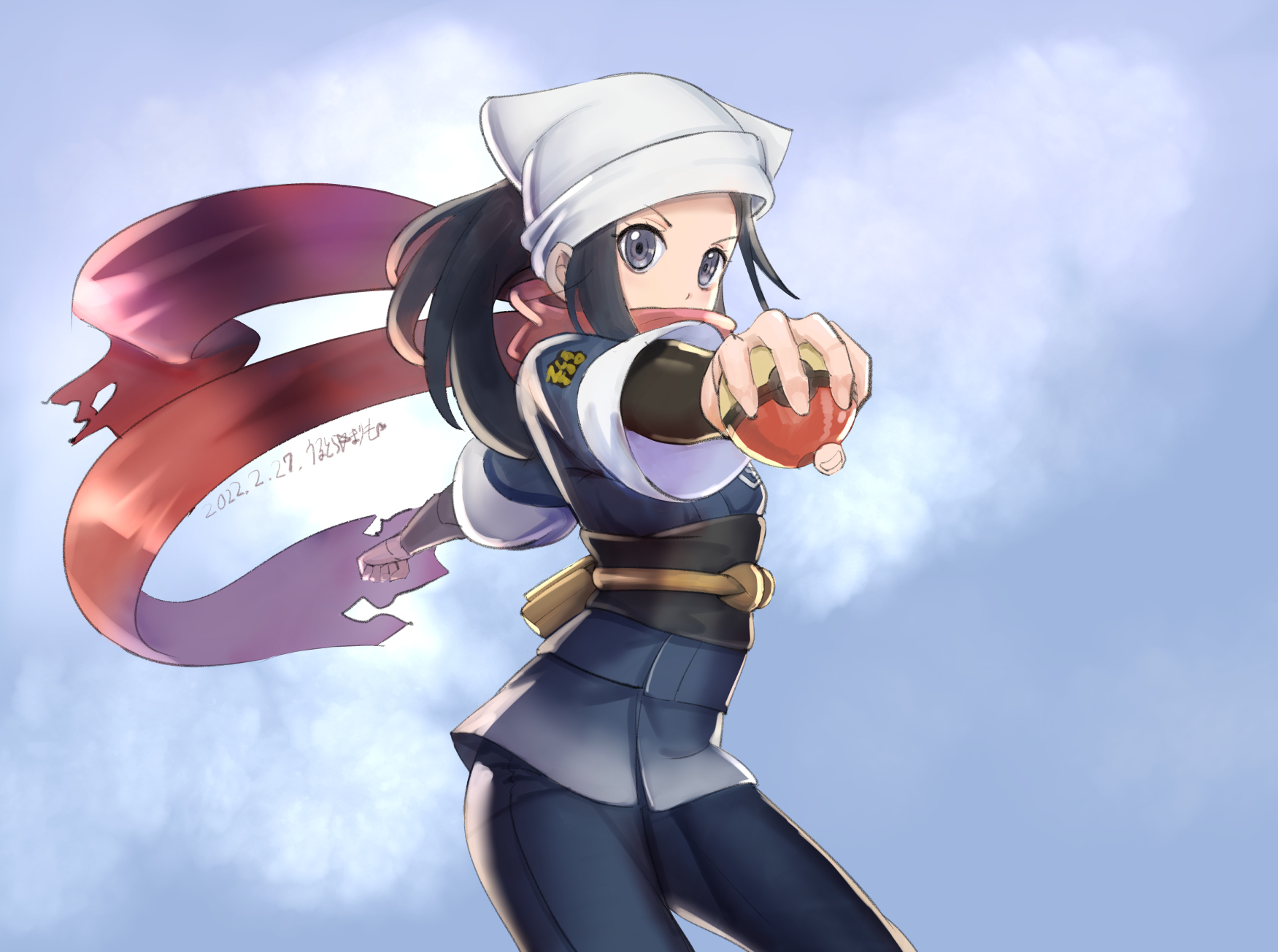 Safebooru - 1girl akari (pokemon) black hair blue kimono grey eyes grey ...