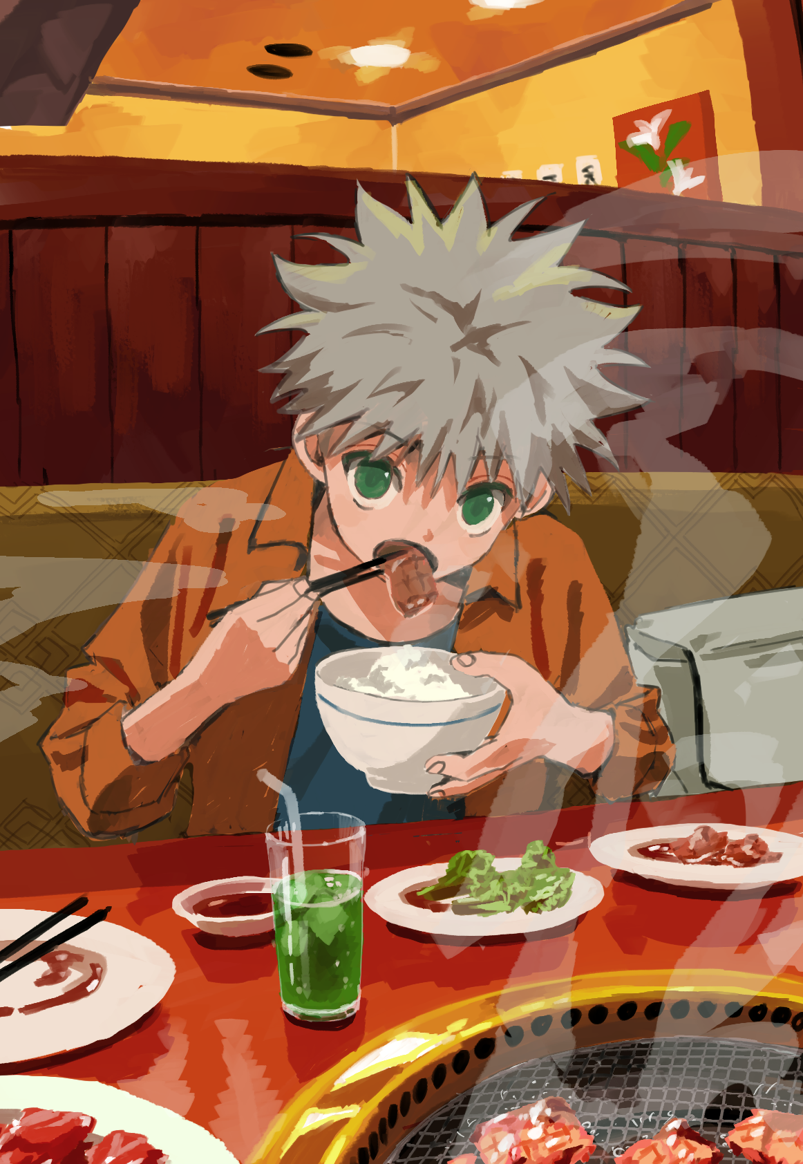 Safebooru - 1boy alternate eye color bowl chopsticks eating food green ...