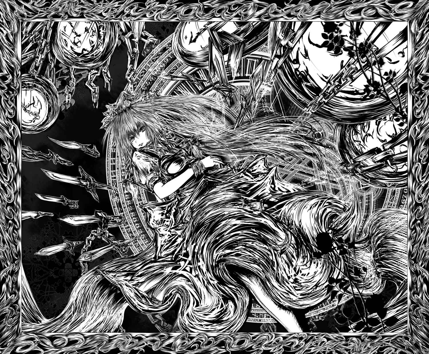 Safebooru - acryl chain clock frame high contrast highres izayoi sakuya ...
