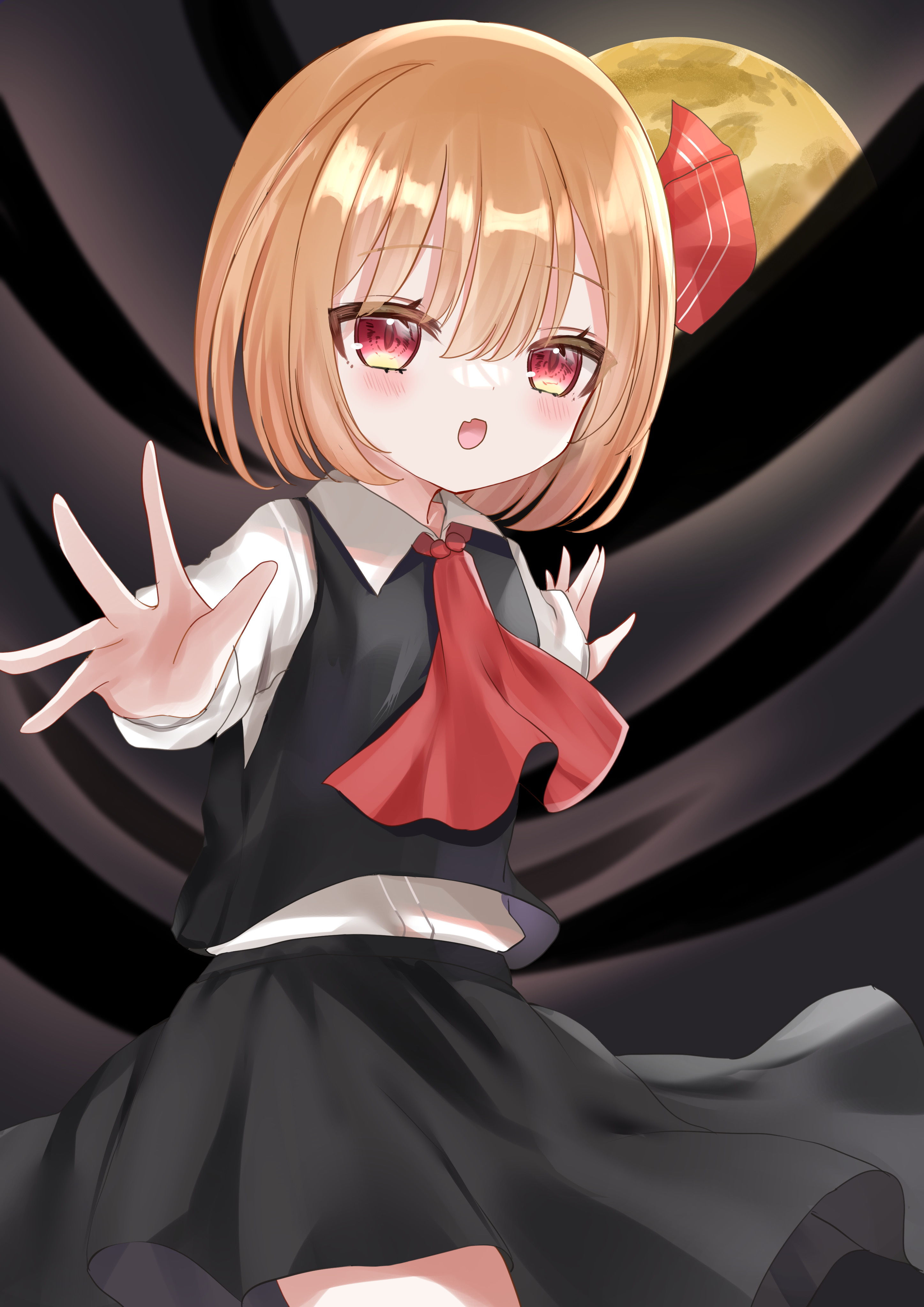 Safebooru - 1girl :d absurdres ascot bangs black skirt black vest blonde hair blush cowboy shot ...